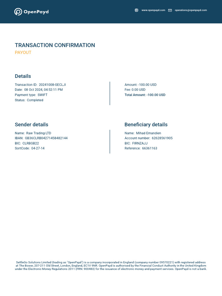 SWIFT Payment Confirmation | PDF