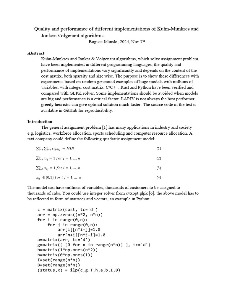 Quality and Performance of Different Implementations of Kuhn-Munkres and Jonker-Volgenant ...