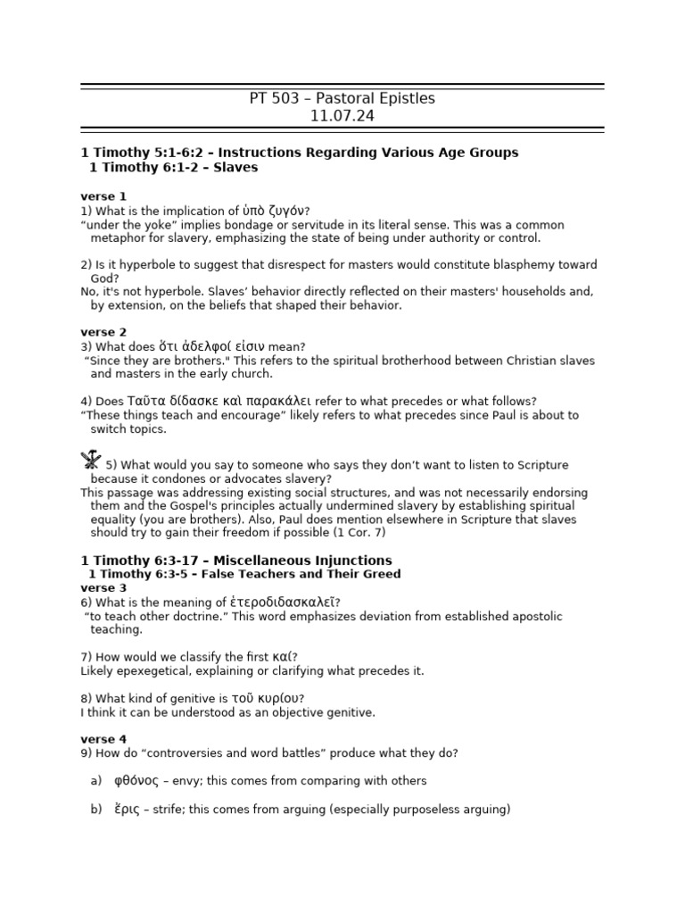 GP 11.07 1tim 6.1-10 Handout | PDF | Paul The Apostle | Bible