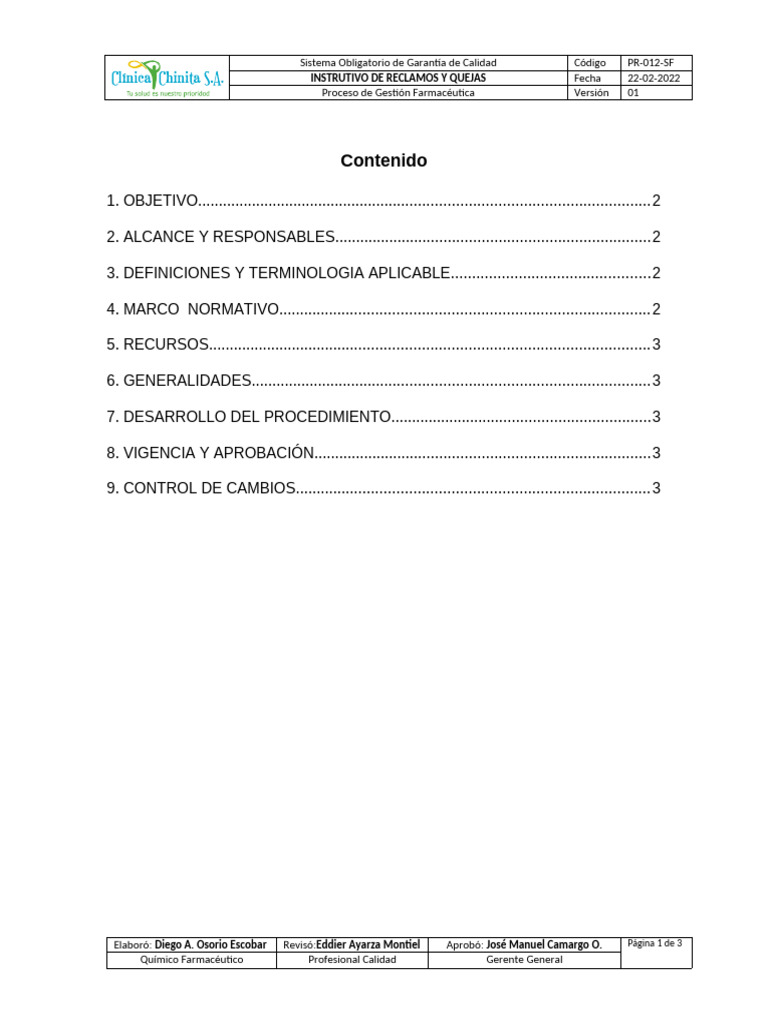 PR-012-SF Procedimiento de de Reclamo y Quejas | PDF | Farmacéutico | Farmacia