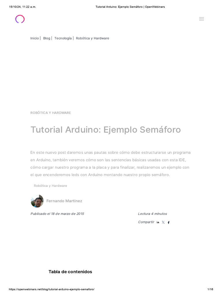 Tutorial Arduino Ejemplo Semáforo Openwebinars Pdf Arduino 