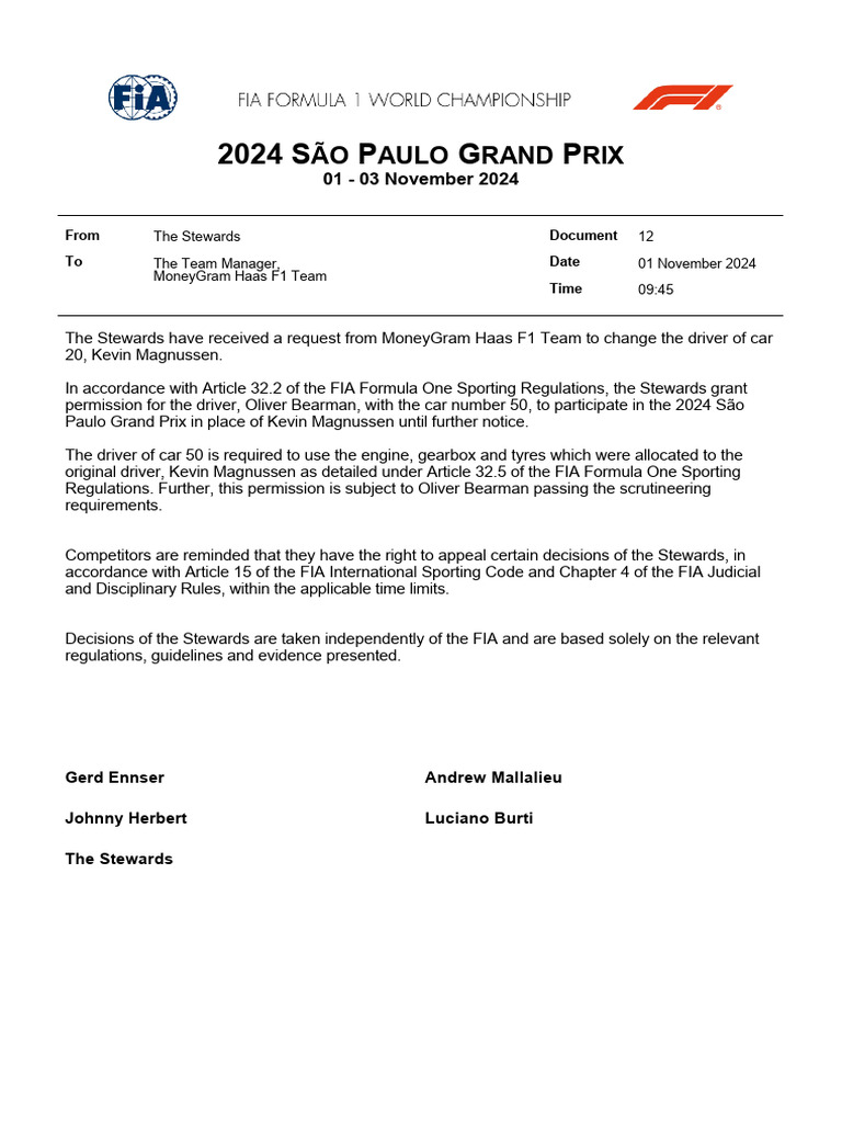 2024 São Paulo Grand Prix - Decision - Driver Change - MoneyGram Haas ...