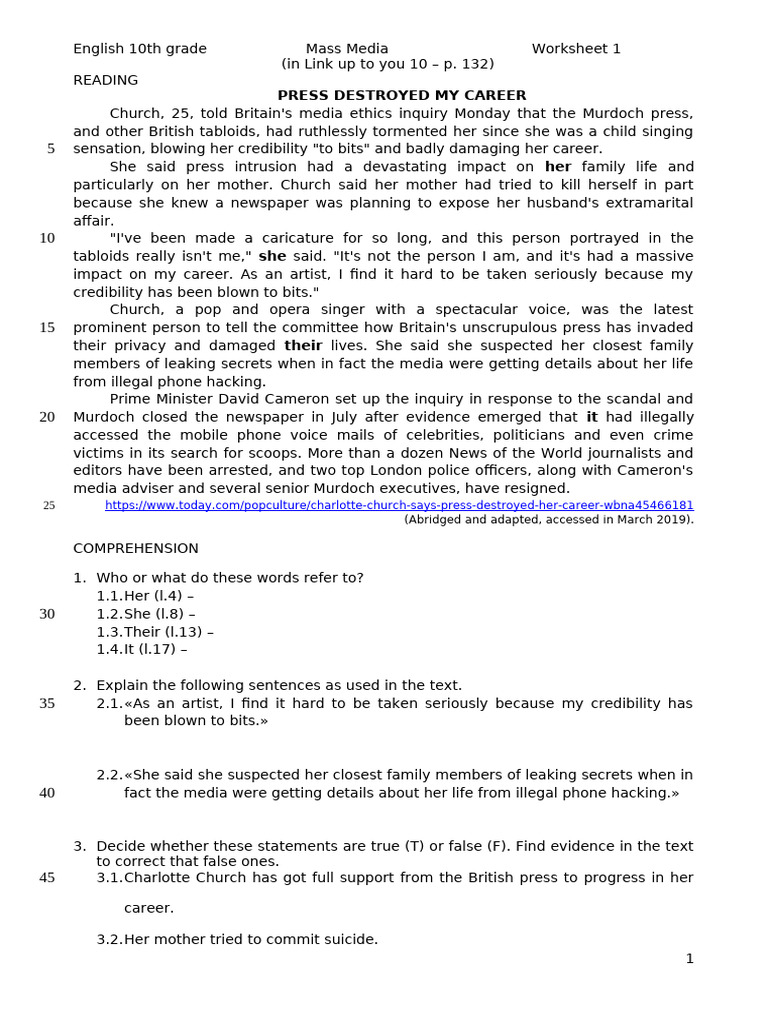 Mass Media - worksheet 1 | PDF