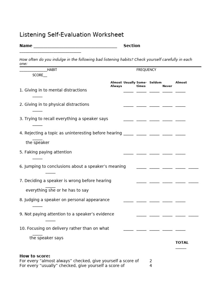 Listening Self Evaluation Worksheet | PDF | Self-Improvement
