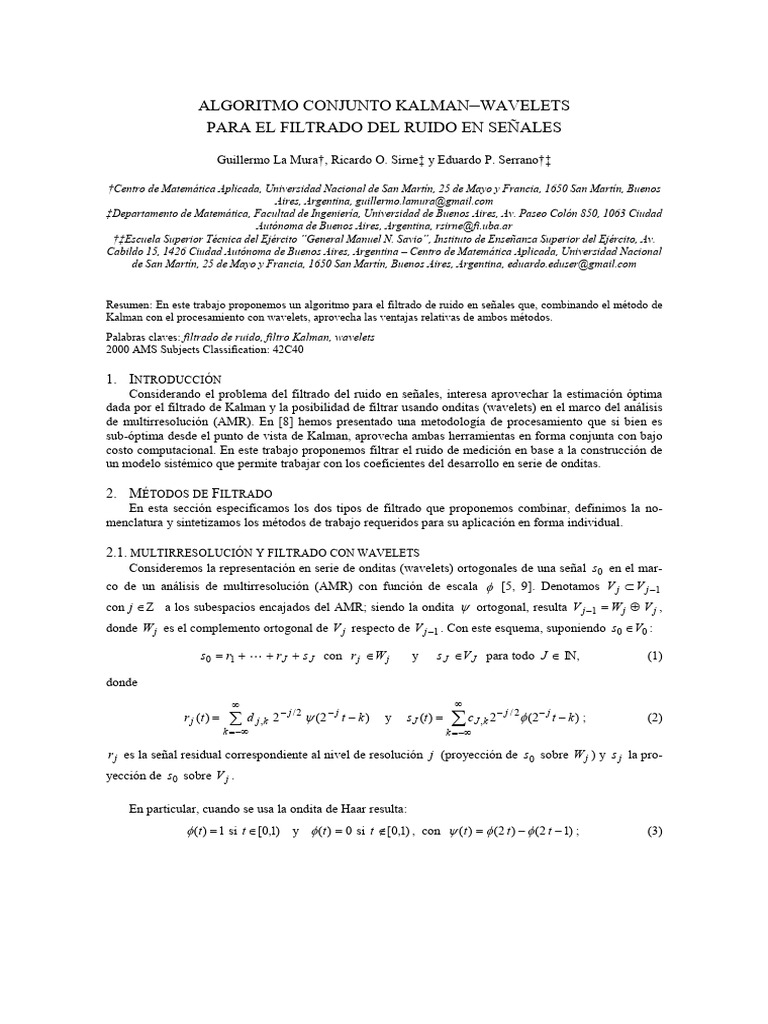 Algoritmo Conjunto Kalman-Wavelets para El Filtrado Del Ruido en ...