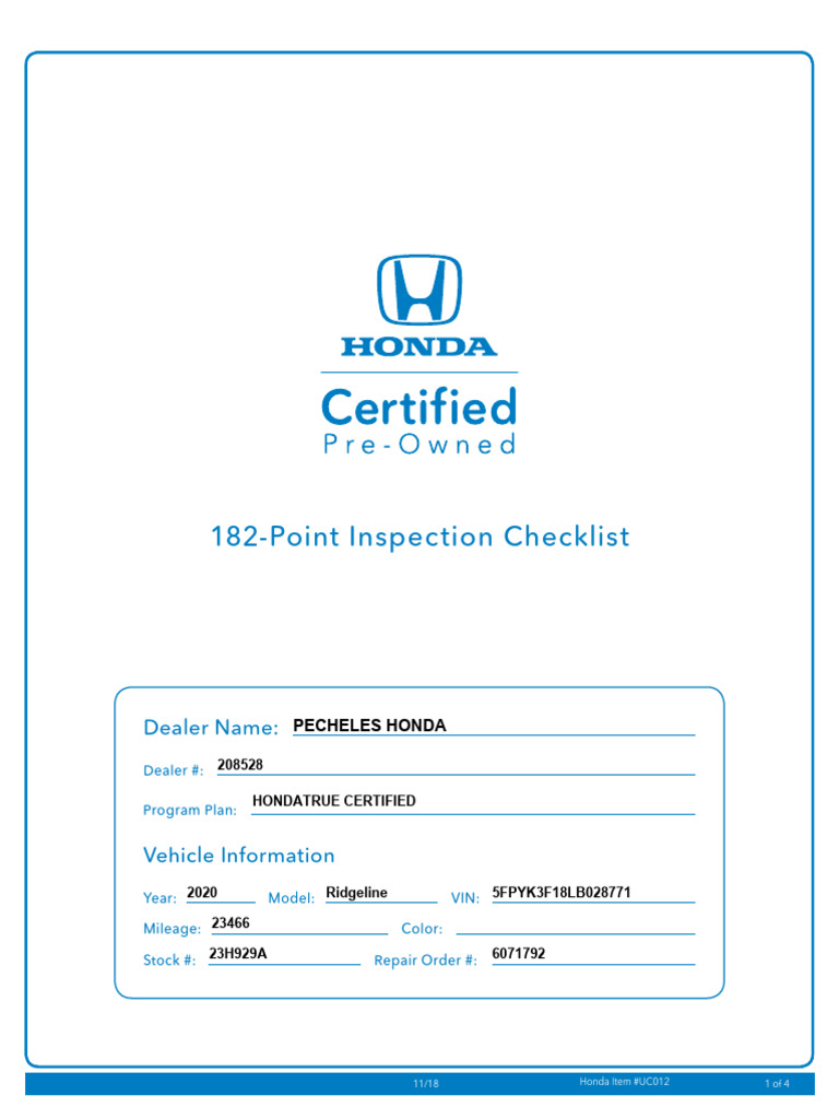 182-Point Inspection Checklist Honda Ridgeline | PDF | Leak | Brake