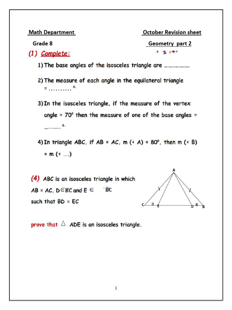 Math Department October Revision Sheet Grade 8 Geometry Part 2 | PDF