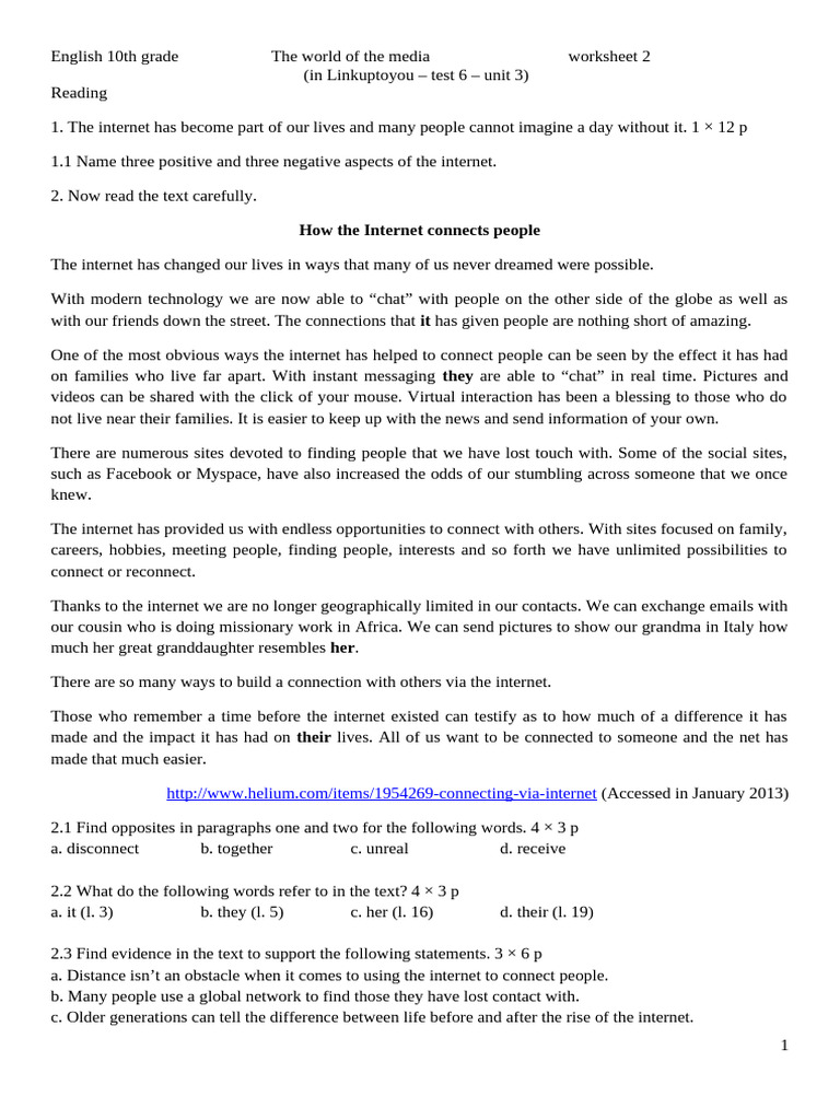 The Advantages of The Internet - Worksheet 1 | PDF | Internet