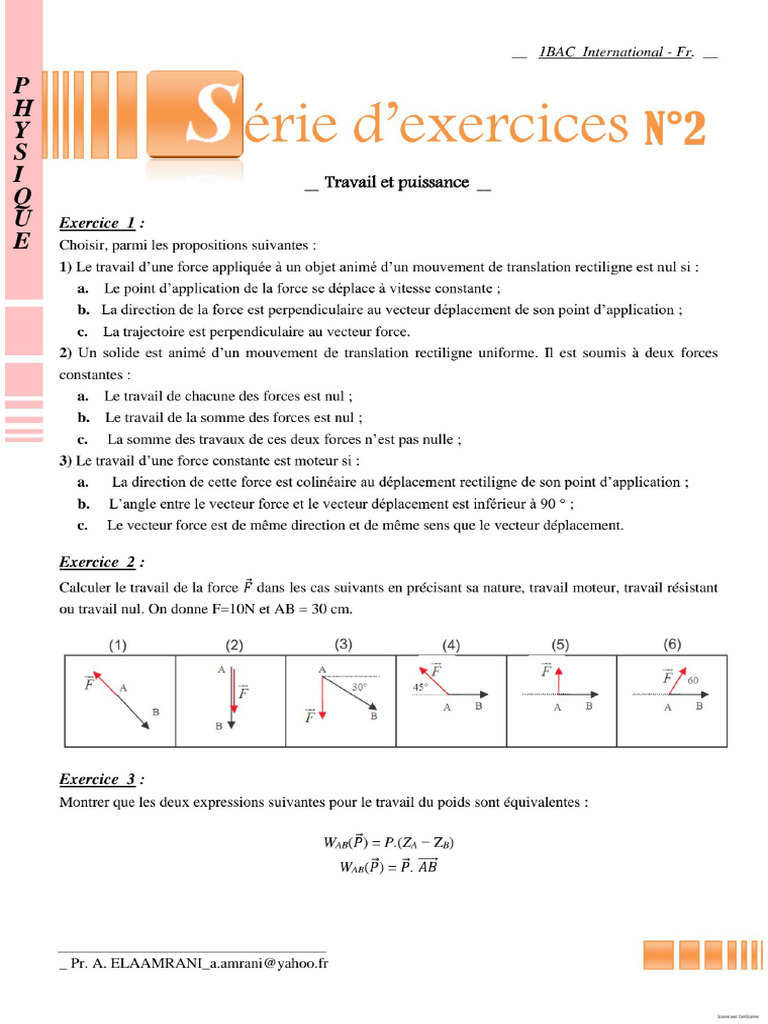 Série Travail Et Puissance D'une Force 1bac SM | PDF
