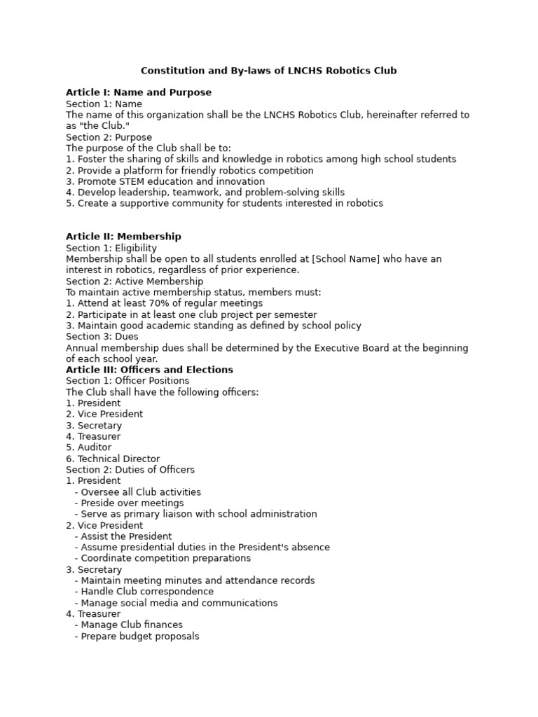 LNCHS Robotics Club Constitution and By-laws | PDF | Supermajority ...