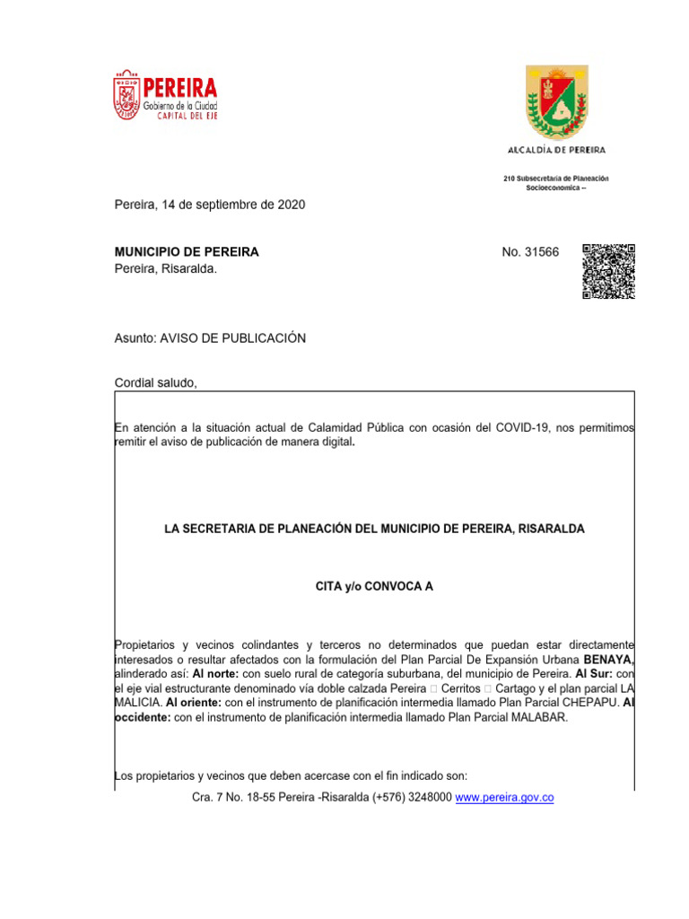 Aviso de Publicación Secretaría de Planeación - Plan Parcial de Expansión Urbana BENAYA | PDF ...