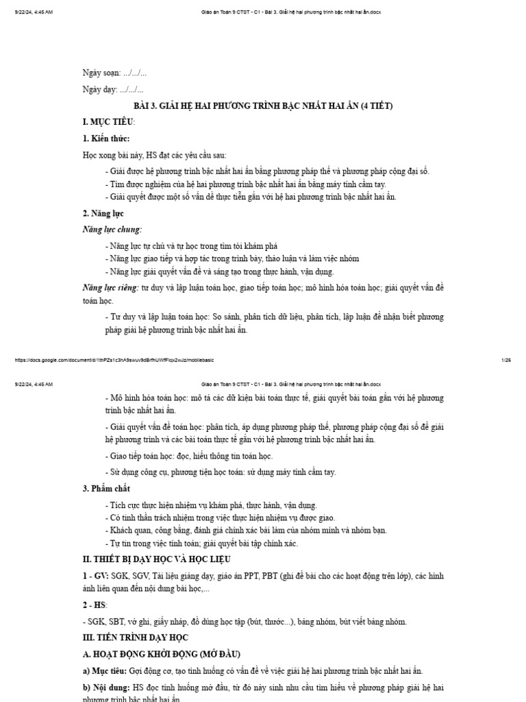 Giáo Án Toán 9 CTST - C1 - Bài 3. Giải Hệ Hai Phương Trình Bậc Nhất Hai Ẩn | PDF