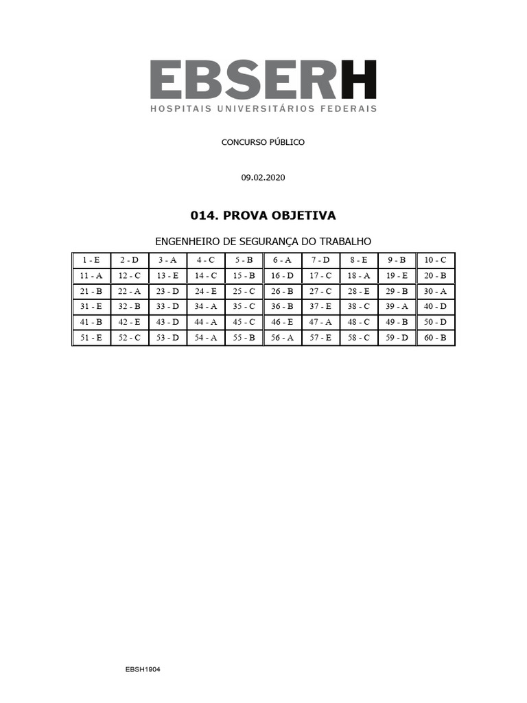 Vunesp 2020 Ebserh Engenheiro de Seguranca Do Trabalho Gabarito | PDF | Métodos e Materiais de ...