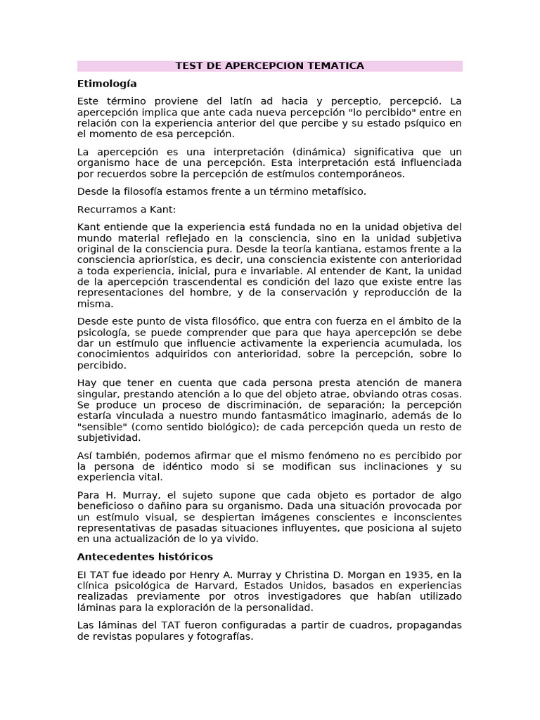 Test de Apercepción Temática: Guía | PDF | Immanuel Kant | Percepción