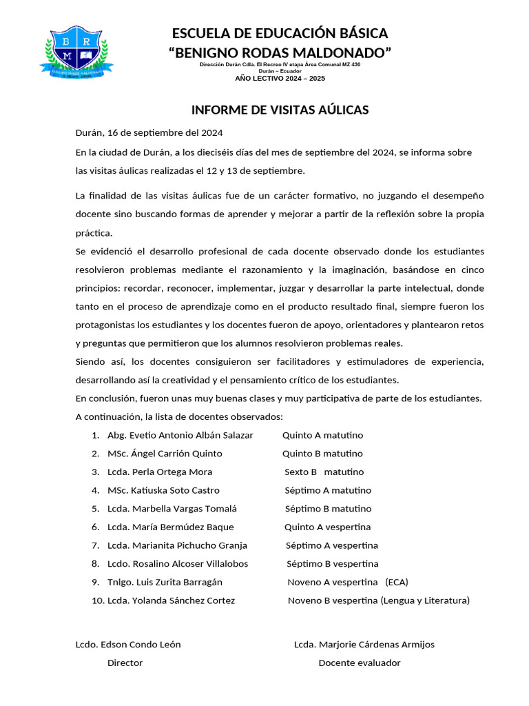 Informe de Visitas Áulicas 2024 | PDF | Psicología cognitiva | Modificación de comportamiento