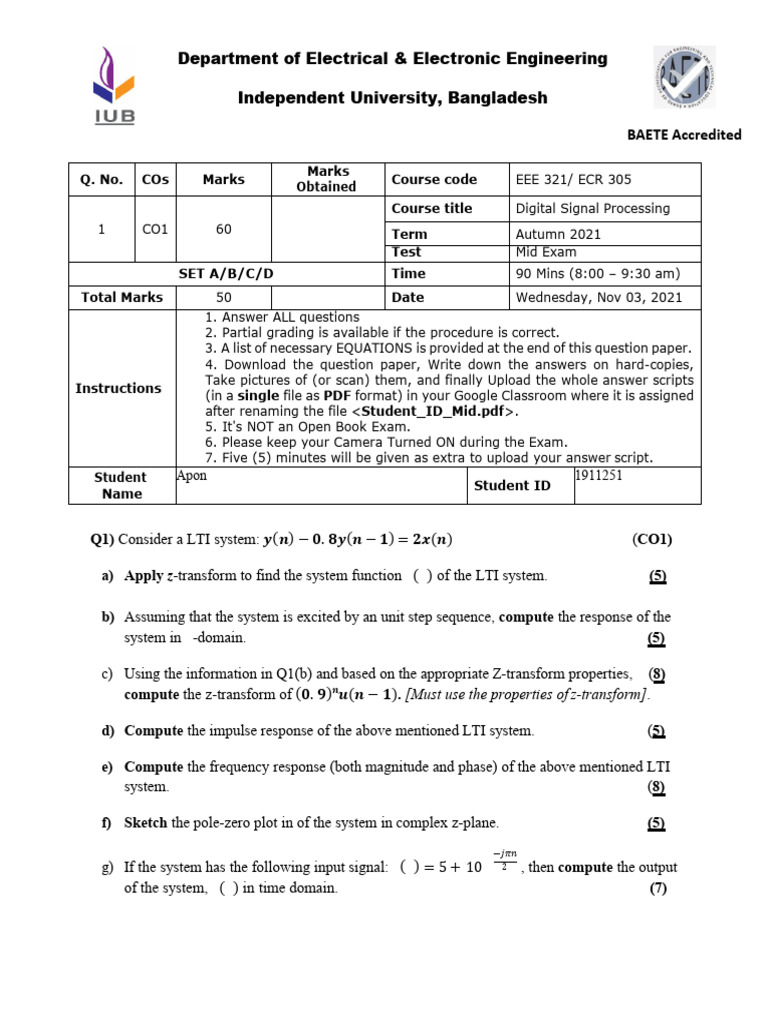 1911251.EEE321 Mid Autumn 2021 | PDF | Filter (Signal Processing) | Computer Engineering