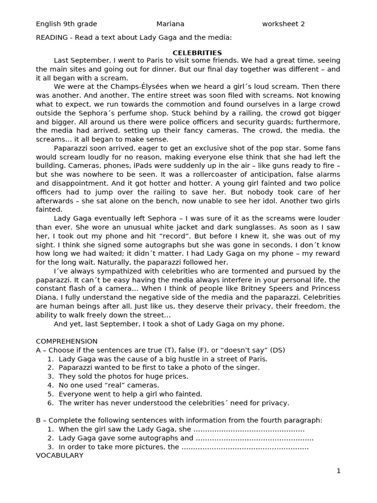 Celebrities - worksheet 1 | PDF | Linguistics