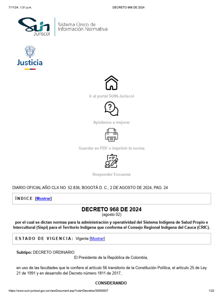 Decreto 968: Normas Sispi en Cauca | PDF | Constitución | Organización Internacional del Trabajo