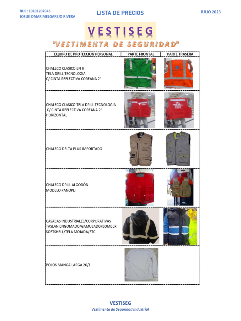 Lista de Precios de Tela Drill y EPP | PDF | Sector secundario de la economía | Cuerpo humano