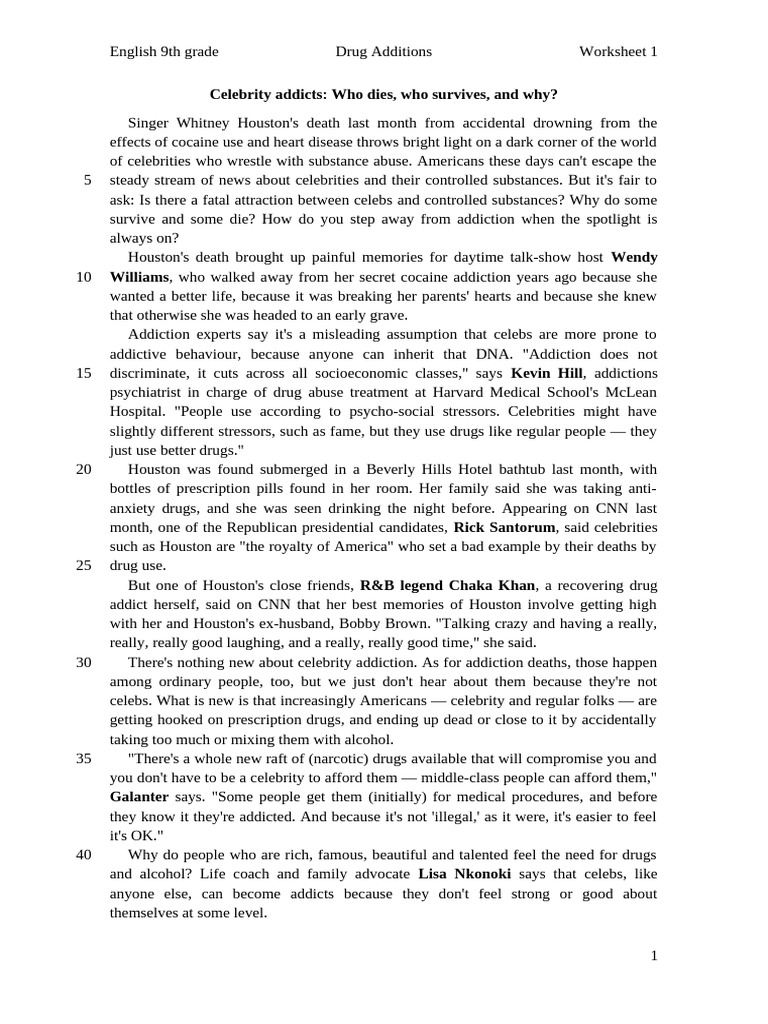 Drug Additions - Worksheet 1 | PDF | Self-Improvement