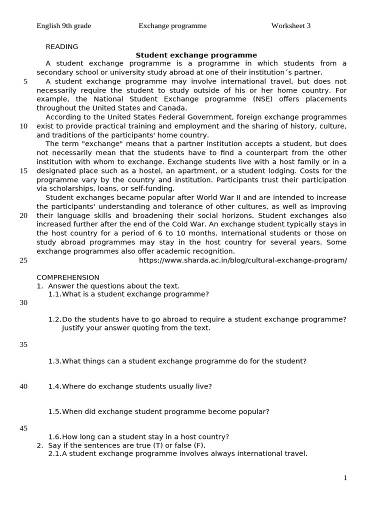 Exchange Programme - Worksheet 3 | PDF