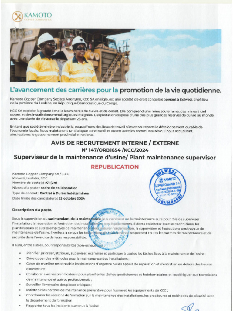 Avis de Recrutement Interne Externe Superviseur de La Maintenance D ...