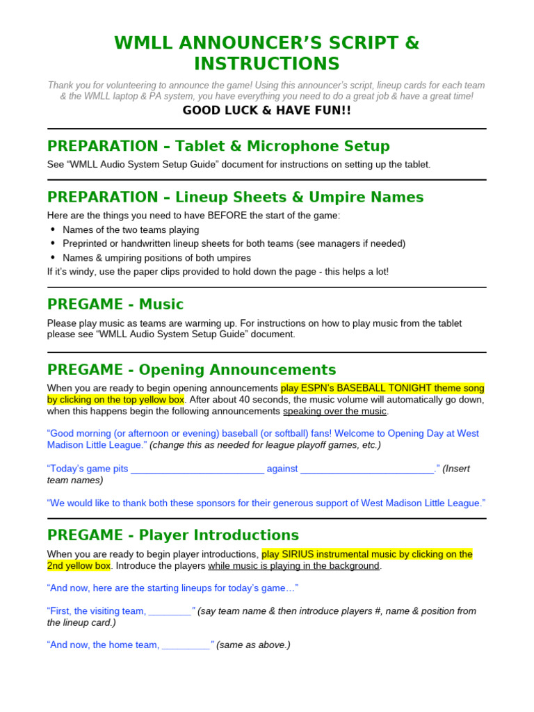 WMLL Game Announcer's Guide | PDF | Batting (Baseball) | Ball Games