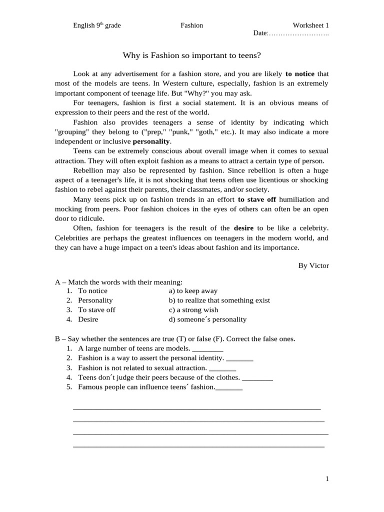 Fashion - Worksheet 1 | PDF | Adolescence | Fashion