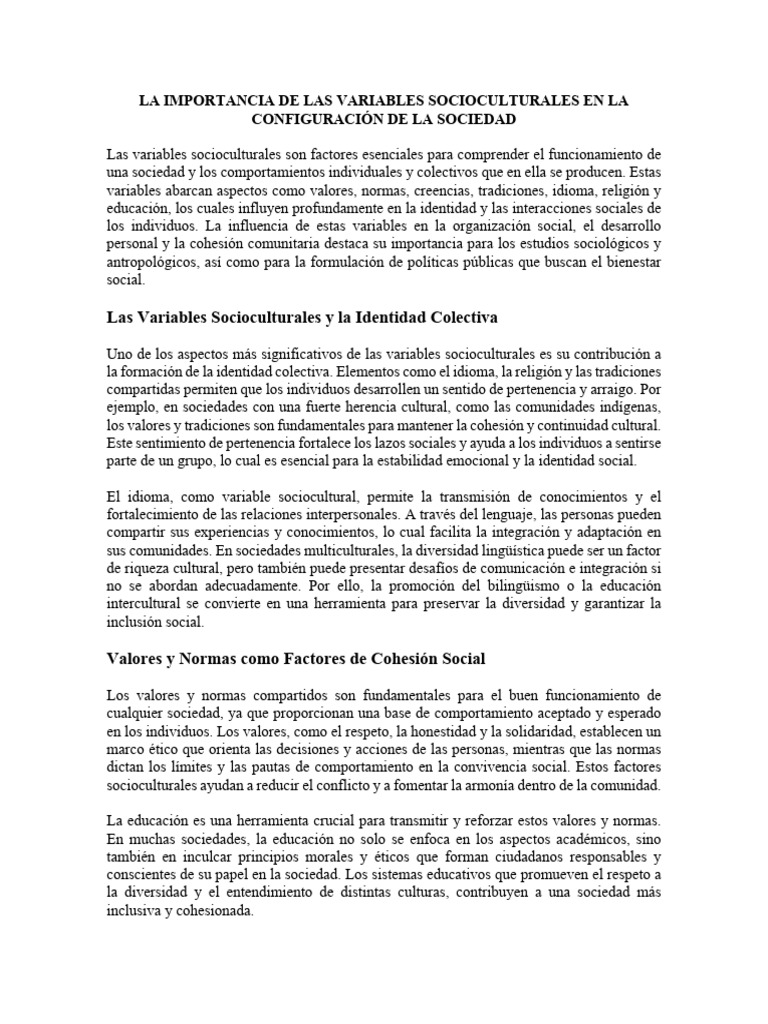 Variables Socioculturales y su Impacto Social | PDF | Sociedad ...