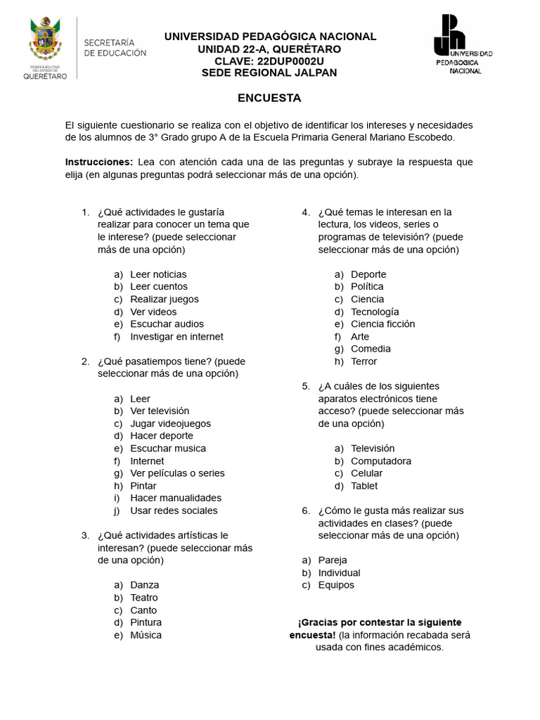 Encuesta sobre intereses de alumnos 3° A | PDF | Metodología de ...