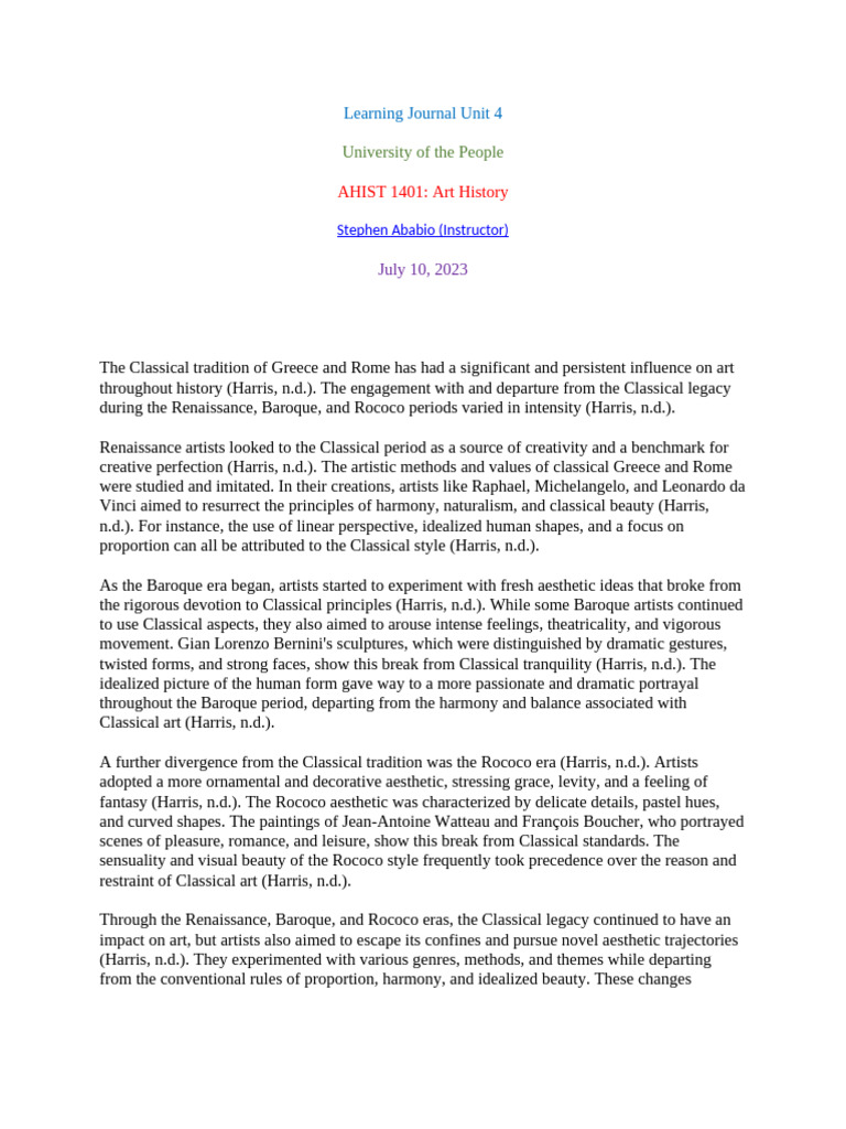 Learning Journal Unit 4 | PDF | Baroque | Classicism