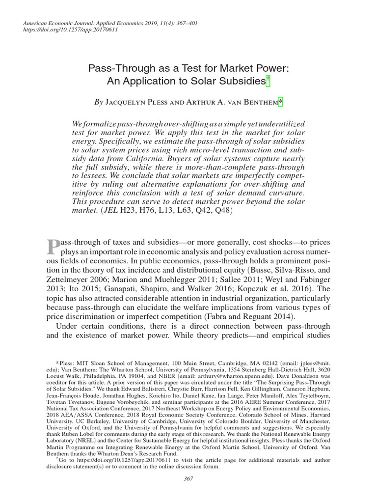 Pass-Through As A Test For Market Power: An Application To Solar ...