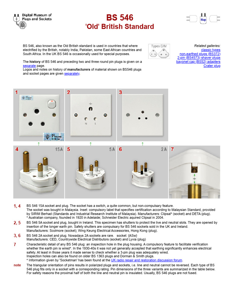 BS 546: A Historical Plug Guide | PDF | Ac Power Plugs And Sockets | Wire