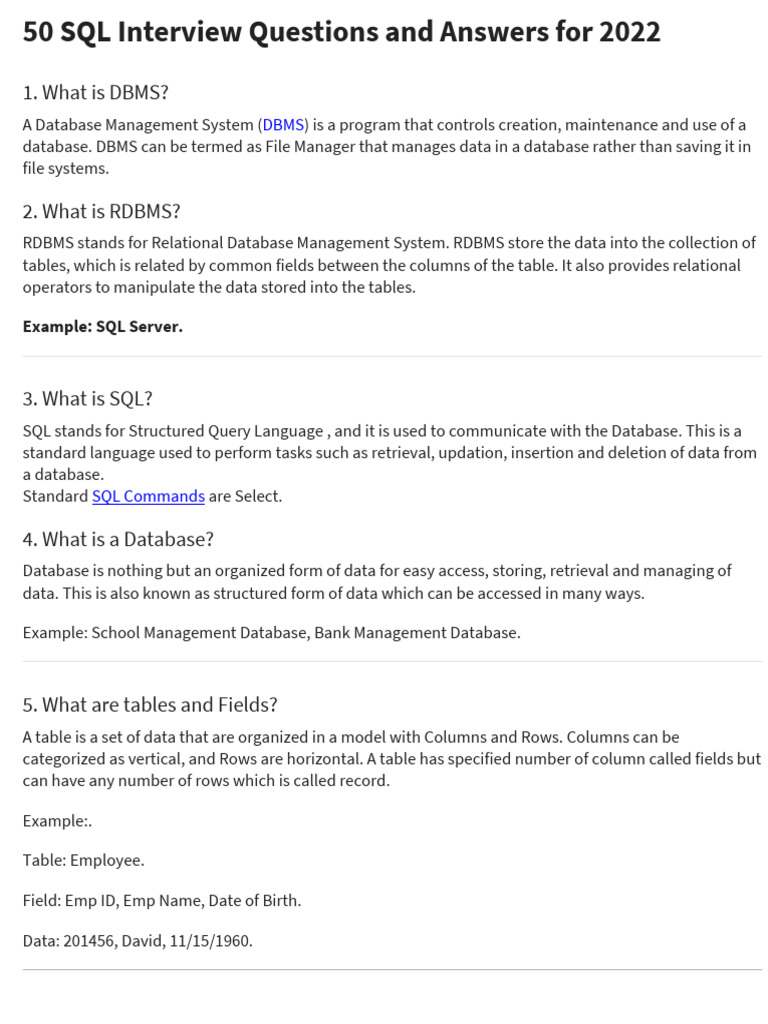 50 SQL Interview Questions and Answers for 2022 | PDF | Relational Database | Database Index