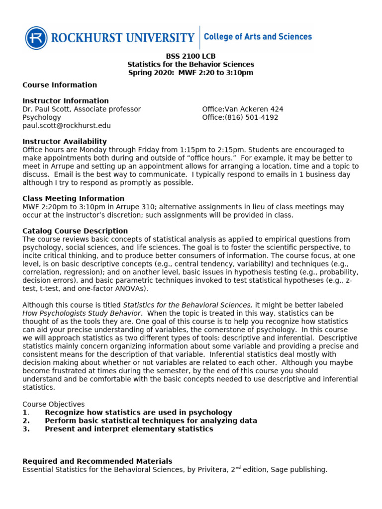 Statistics for Behavioral Sciences Course | PDF | Statistics | Psychology