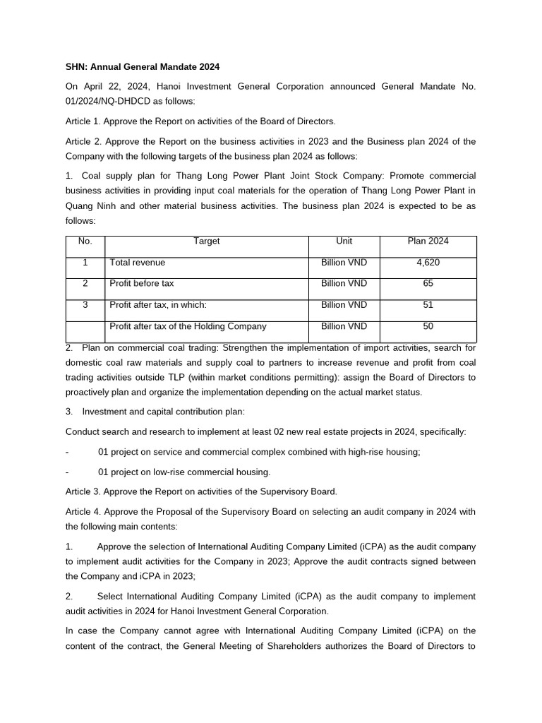 SHN 2024-04-25 Annual General Mandate 2024 | PDF | Board Of Directors | Taxes