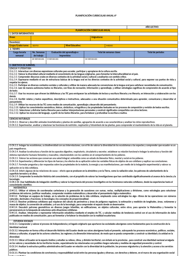 Planificacion Curricular Anual 6° Ana | PDF | Aprendizaje | Comunicación