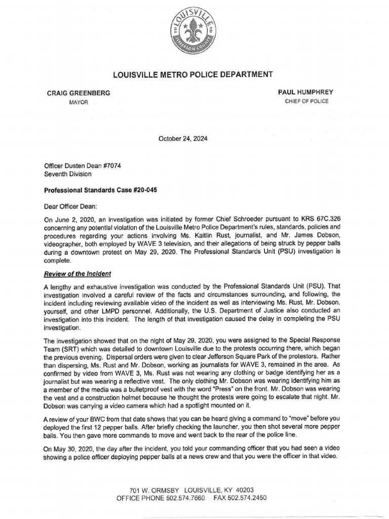 PSU Case Findings Against LMPD Officer Dustin Dean | PDF