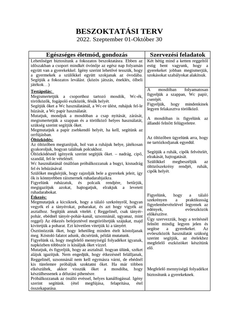 Beszoktatási Terv - Táblázat | PDF