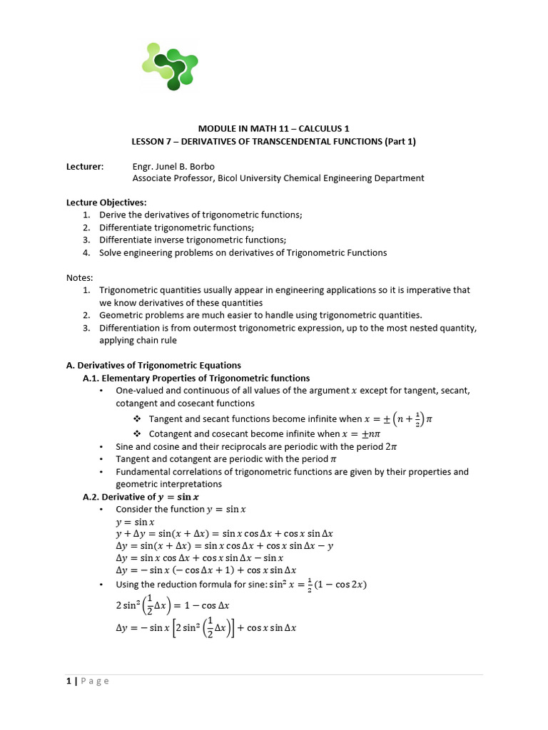 Module in Math 11 Lesson 7 Derivatives of Transcendental Functions Part 1 | PDF | Trigonometric ...