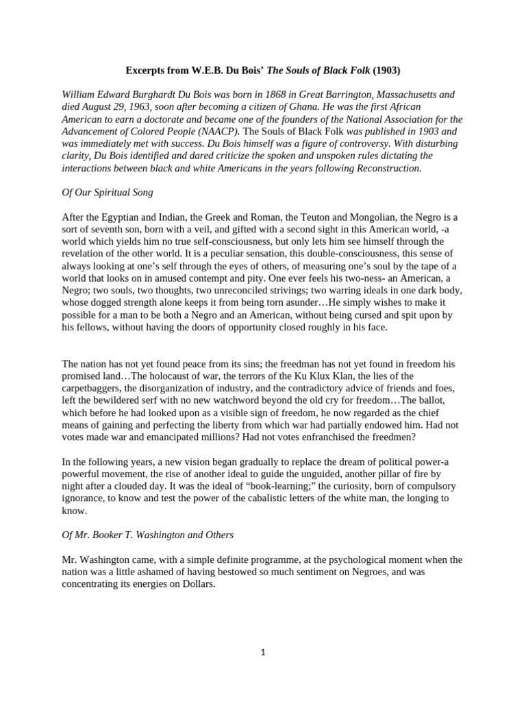 Excerpts from Du Bois' The Souls of Black Folk | PDF | W. E. B. Du Bois ...