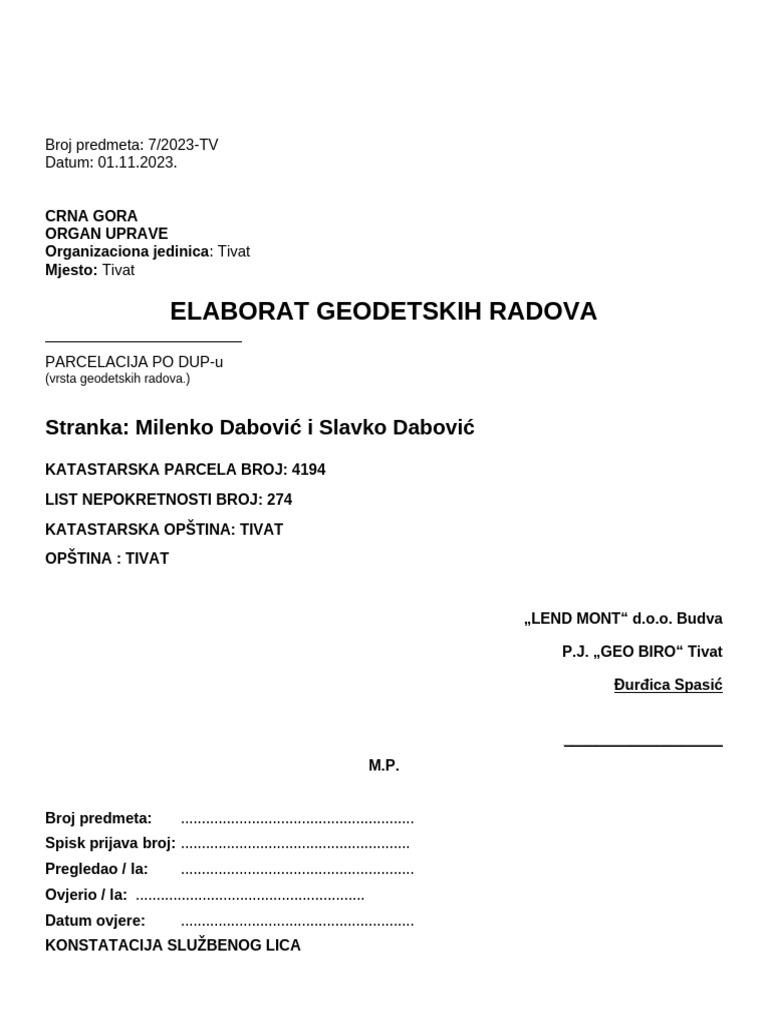 Elaborat Geodetskih Radova: Stranka: Milenko Dabović I Slavko Dabović | PDF