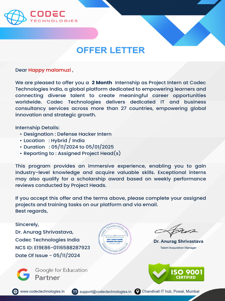 Codec Technologies Internship Offer Letter | PDF