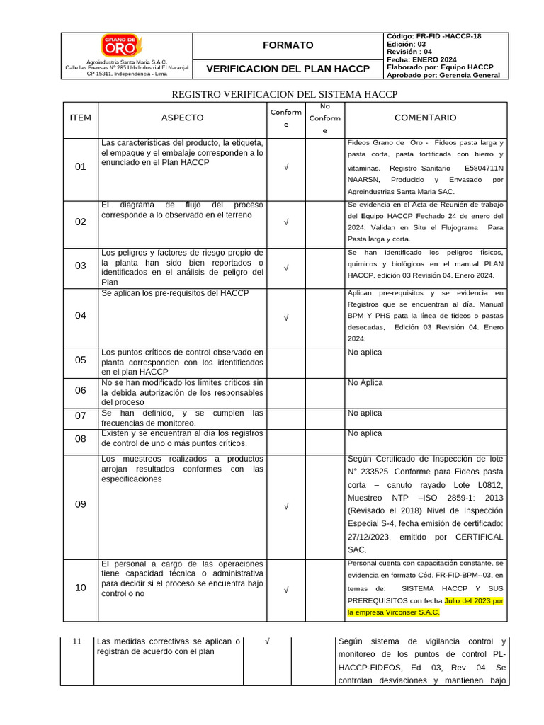 1 FR-FID-HACCP-18-FORMATO VERIFICACION DEL PLAN HACCP FIDEOS-VERIFICACION 05-02-2024 | PDF ...