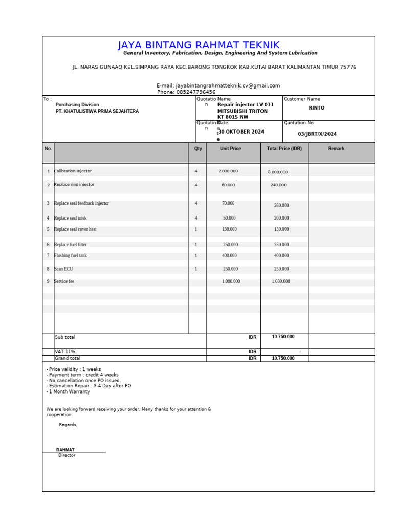 Quotation Calibration Injector LV011 | PDF