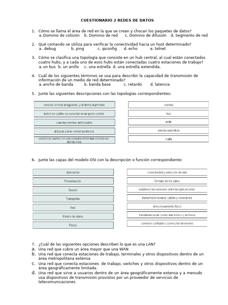 CUESTIONARIO 2 REDES DE DATOS | PDF | Ethernet | Red de computadoras