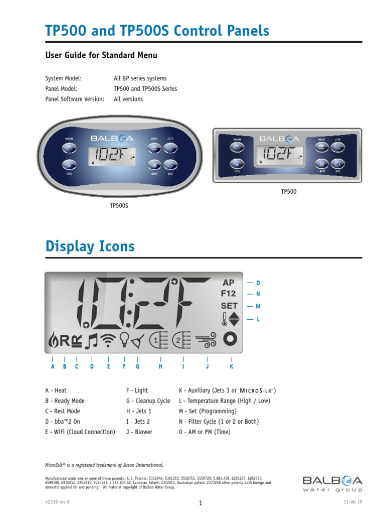 Balboa TP500 Topside Control Panel Techsheet | PDF | Menu (Computing) | Pump