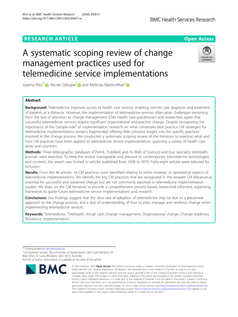 A Systematic Scoping Review of Change Management Practices Used For Telemedicine Service ...