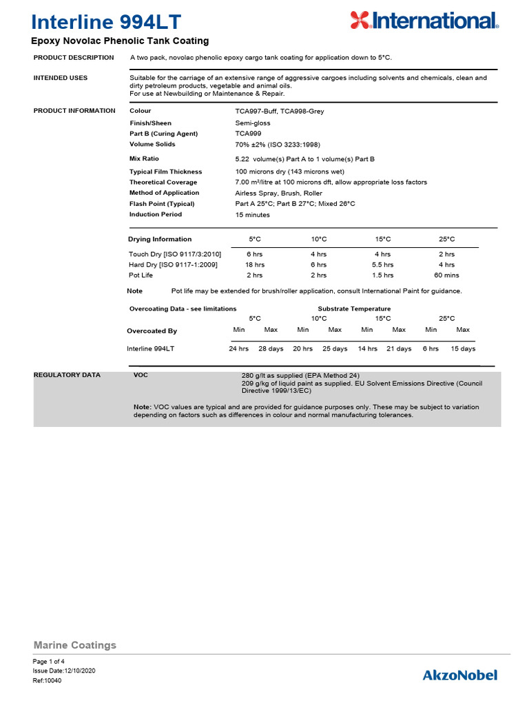 Interline 994LT Cargo Tank Coating Data | PDF | Paint | Epoxy