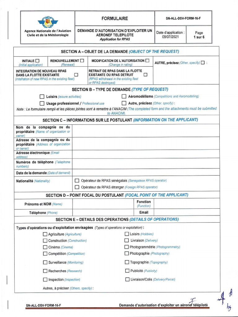 SN All DSV Form 16 F Formulaire de Demande D Autorisation Rpas | PDF